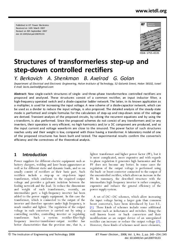 Pdf Structures Of Transformerless Step Up And Step Down Controlled Rectifiers Yefim