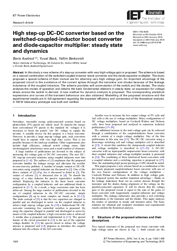 Pdf High Step‐up Dc Dc Converter Based On The Switched‐coupled‐inductor Boost Converter And