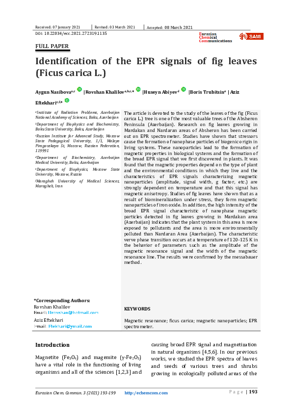 (PDF) Identification of the EPR signals of fig leaves (Ficus carica L.)