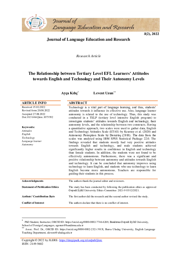 (PDF) The Relationship between Tertiary Level EFL Learners' Attitudes towards English and ...