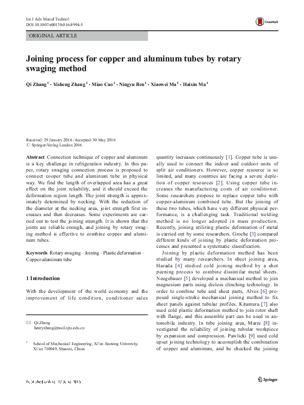 (PDF) Joining process for copper and aluminum tubes by rotary swaging ...