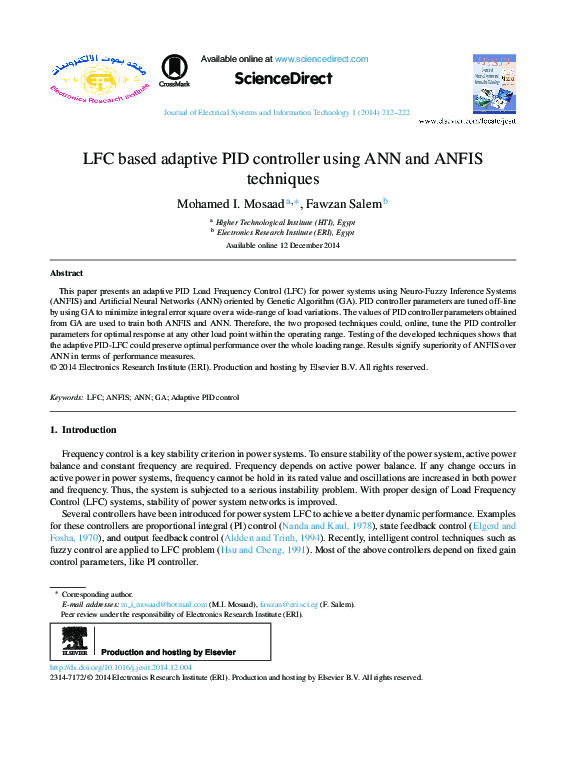 (PDF) LFC based adaptive PID controller using ANN and ANFIS techniques