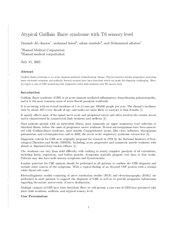 (PDF) Atypical Guillain--Barre syndrome with T6 sensory level