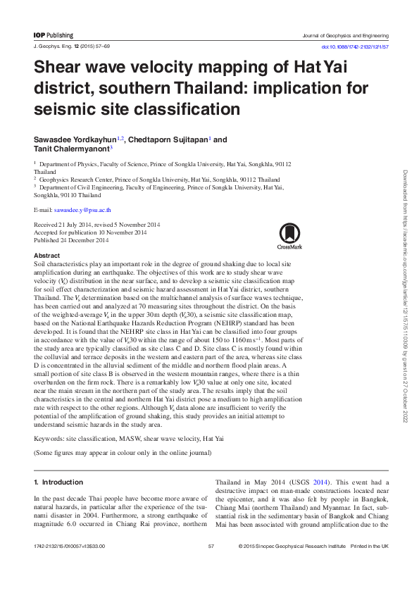 (PDF) Shear wave velocity mapping of Hat Yai district, southern ...