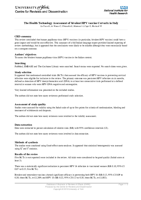 (PDF) The Health Technology Assessment of bivalent HPV vaccine Cervarix ...