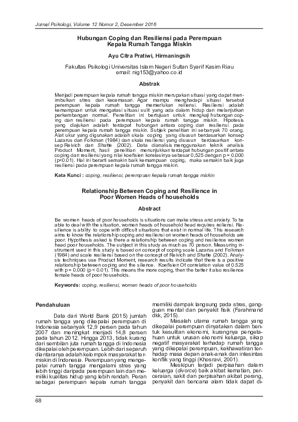 (PDF) Hubungan Coping dan Resiliensi pada Perempuan Kepala Rumah Tangga ...