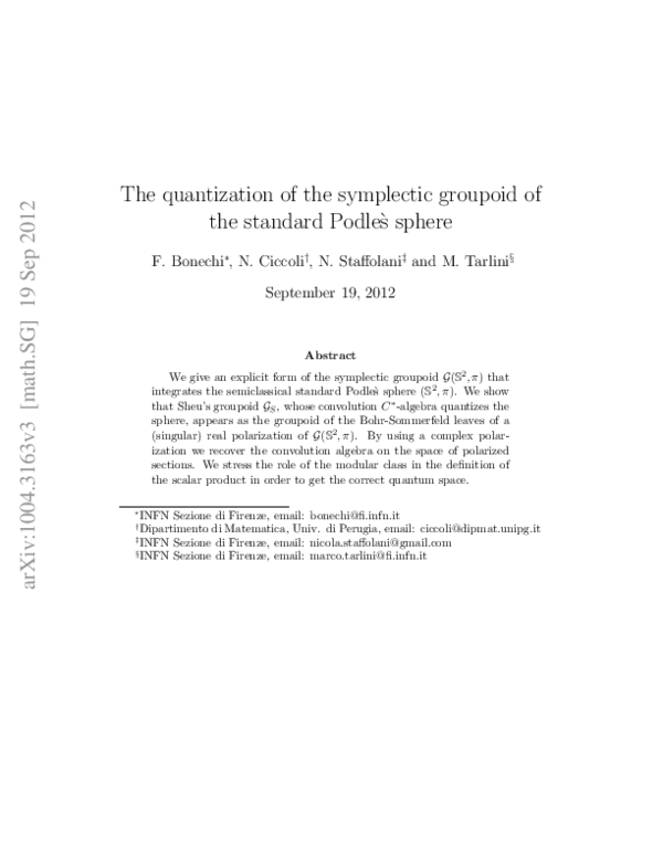 (PDF) The quantization of the symplectic groupoid of the standard Podle s ̀ sphere