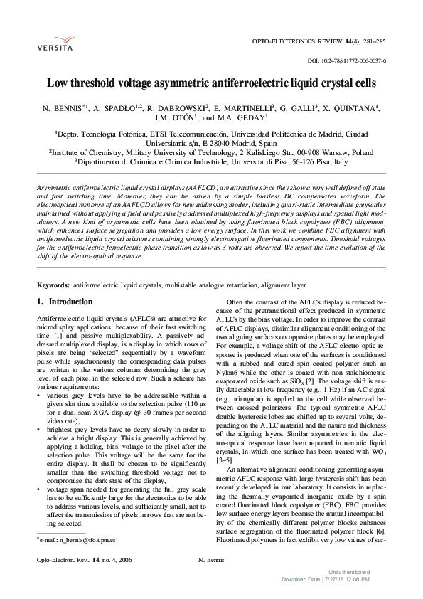 (PDF) Low threshold voltage asymmetric antiferroelectric liquid crystal ...