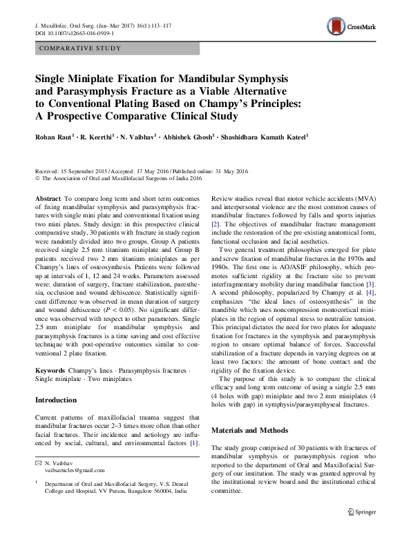 (PDF) Single Miniplate Fixation for Mandibular Symphysis and ...