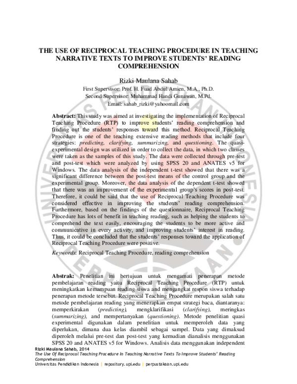 (PDF) The Use of Reciprocal Teaching Procedure in Teaching Narrative Texts to Improve Students ...