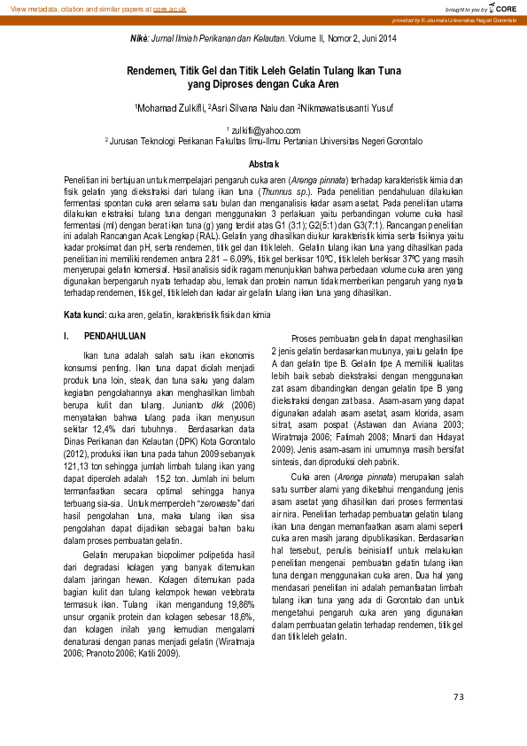 (PDF) Rendemen, Titik Gel dan Titik Leleh Gelatin Tulang Ikan Tuna yang ...