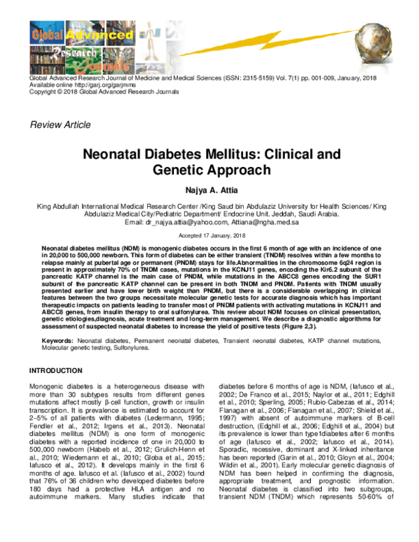(PDF) Neonatal Diabetes Mellitus : Clinical and Genetic Approach