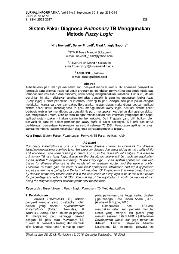 (PDF) Sistem Pakar Diagnosa Pulmonary TB Menggunakan Metode Fuzzy Logic