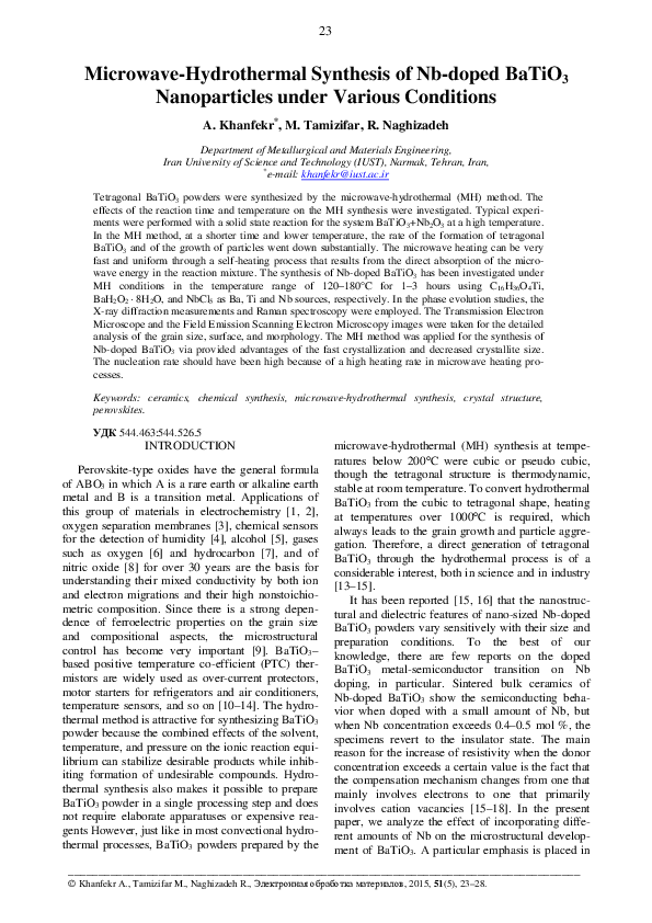 (PDF) Microwave-hydrothermal synthesis of Nb-doped BaTiO3 nanoparticles ...