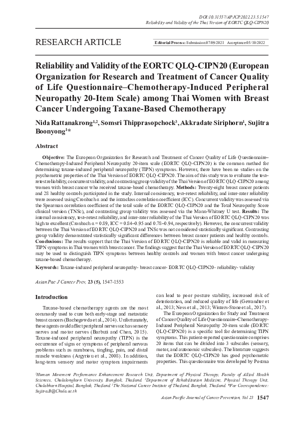 (PDF) Reliability and Validity of the EORTC QLQ-CIPN20 (European Organization for Research and ...