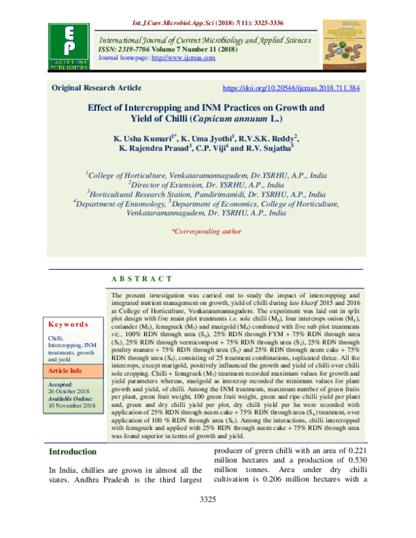 Pdf Effect Of Intercropping And Inm Practices On Growth And Yield Of Chilli Capsicum Annuum L