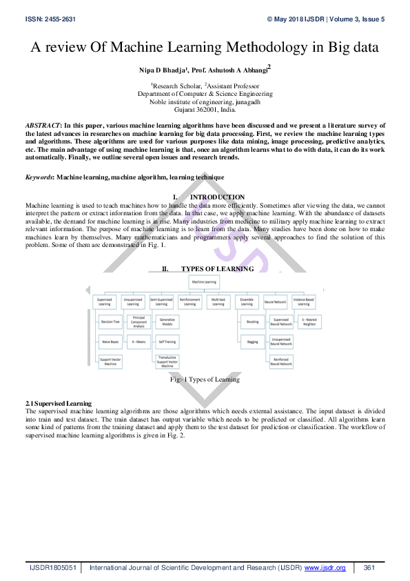 (PDF) A review Of Machine Learning Methodology in Big data