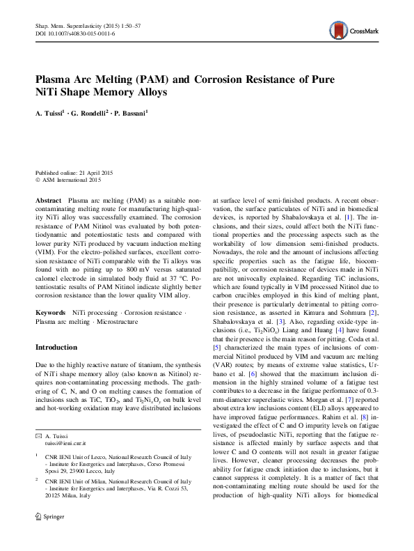 (PDF) Plasma Arc Melting (PAM) and Corrosion Resistance of Pure NiTi ...