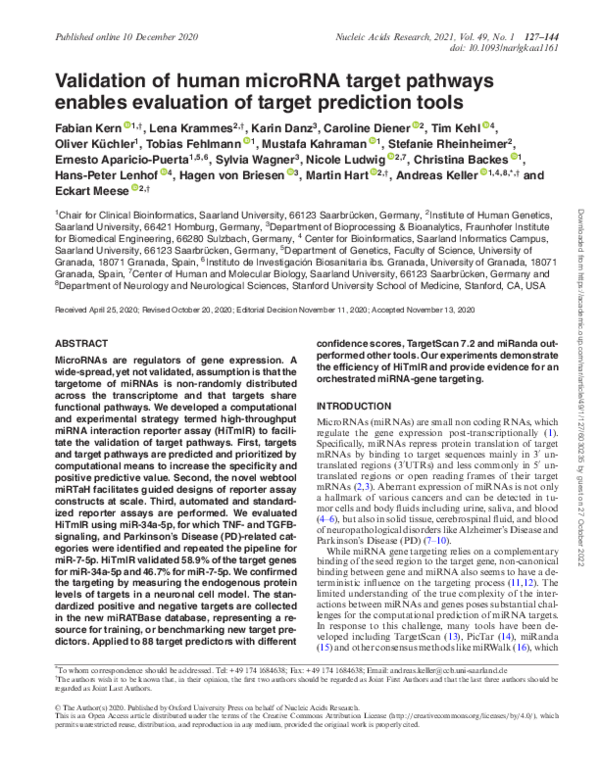 (PDF) Validation of human microRNA target pathways enables evaluation of target prediction tools