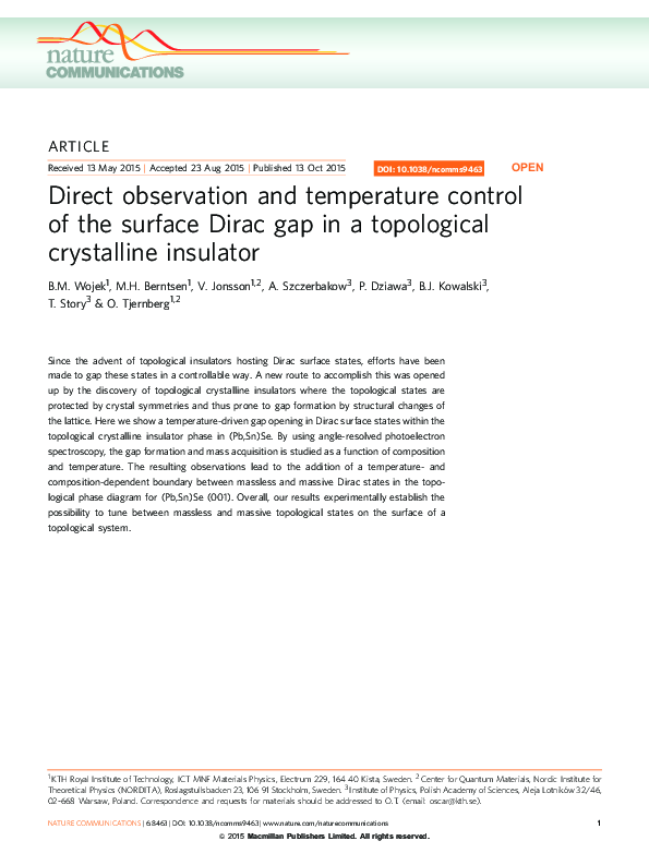 (PDF) Direct observation and temperature control of the surface Dirac gap in a topological ...