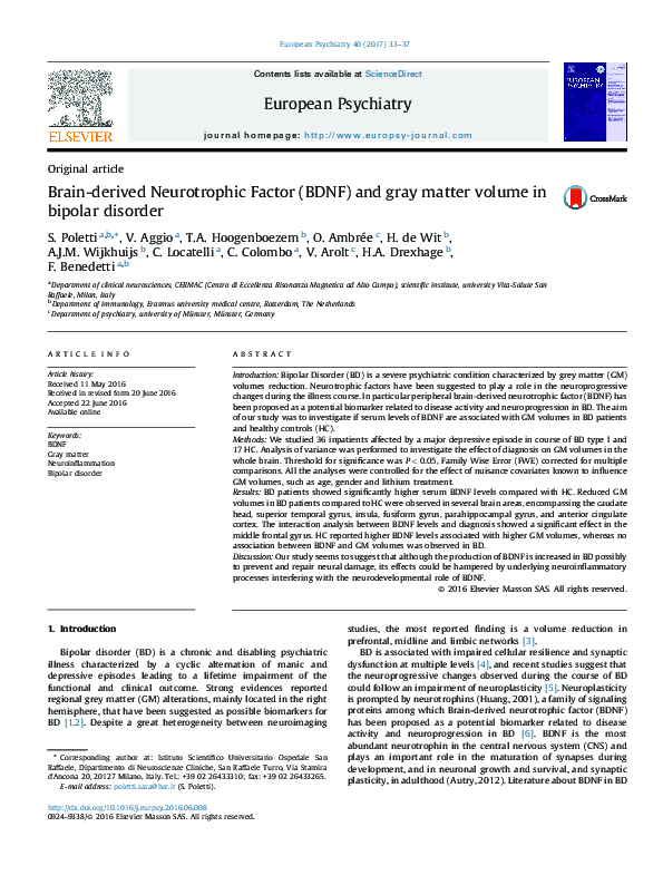(PDF) Brain-Derived Neurotrophic Factor (Bdnf) and Gray Matter Volume in Bipolar Disorder
