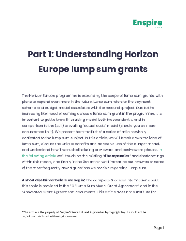 (PDF) Part 1: Understanding Horizon Europe lump sum grants