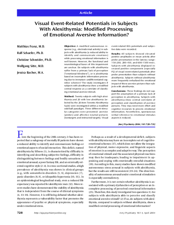 (PDF) Visual Event-Related Potentials in Subjects With Alexithymia ...