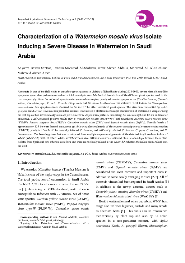 (PDF) Characterization of a Watermelon mosaic virus Isolate Inducing a ...