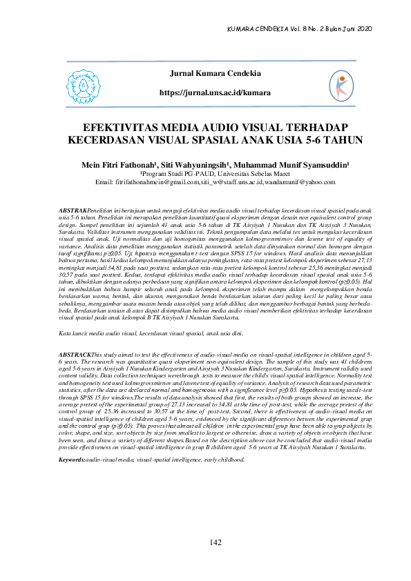 (PDF) Efektivitas Media Audio Visual Terhadap Kecerdasan Visual Spasial Anak Usia 5-6 Tahun