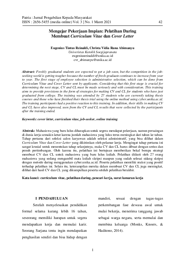 (PDF) Mengejar Pekerjaan Impian: Pelatihan Daring Membuat Curriculum Vitae dan Cover Letter