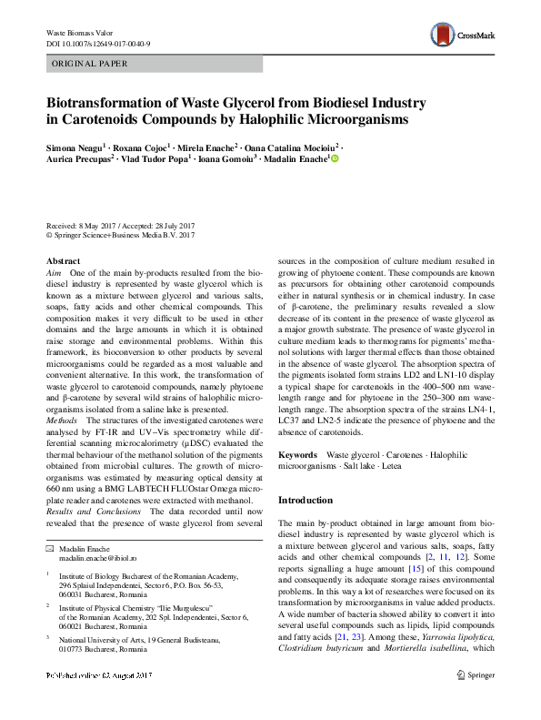 (PDF) Biotransformation of Waste Glycerol from Biodiesel Industry in ...
