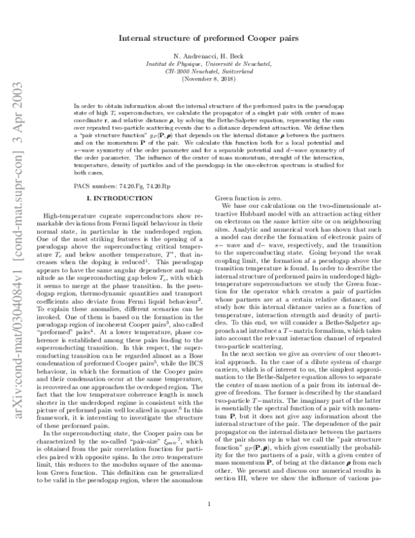 (PDF) Internal structure of preformed Cooper pairs