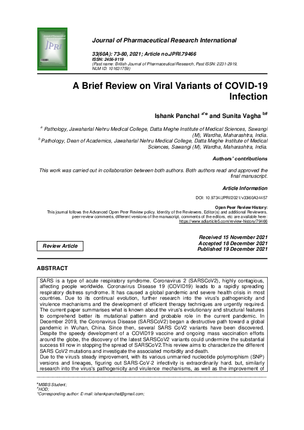 (PDF) A Brief Review on Viral Variants of COVID-19 Infection
