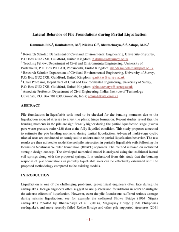 (PDF) Lateral Behavior of Pile Foundations during Partial Liquefaction
