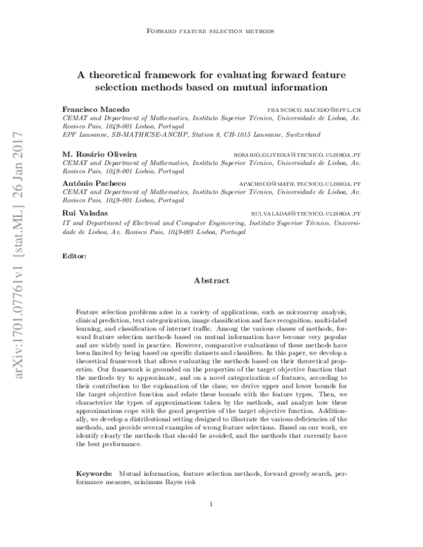 Pdf A Theoretical Framework For Evaluating Forward Feature Selection Methods Based On Mutual