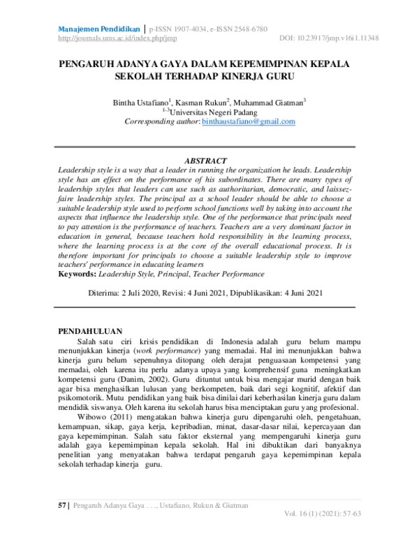 (PDF) Pengaruh Adanya Gaya Dalam Kepemimpinan Kepala Sekolah Terhadap Kinerja Guru