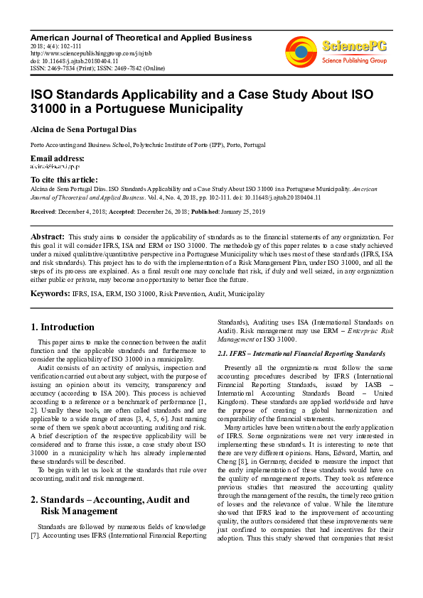 (PDF) ISO Standards Applicability and a Case Study About ISO 31000 in a Portuguese Municipality