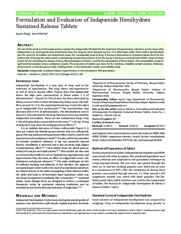 (PDF) Formulation and Evaluation of Indapamide Hemihydrate Sustained ...