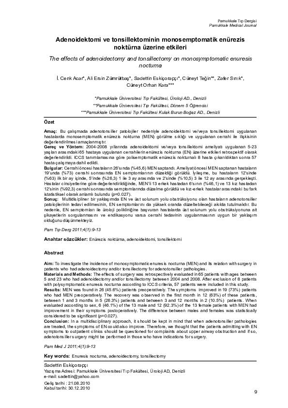(PDF) Adenoidektomi ve tonsillektominin monosemptomatik enürezis ...