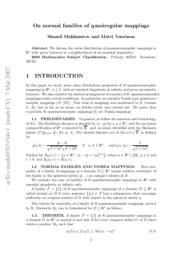 (PDF) On normal families of quasiregular mappings