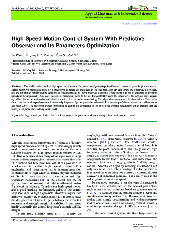 (PDF) High Speed Motion Control System With Predictive Observer and Its Parameters Optimization ...