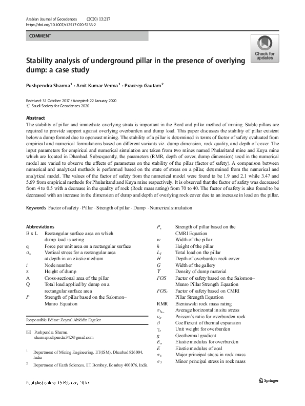 (PDF) Stability analysis of underground pillar in the presence of ...