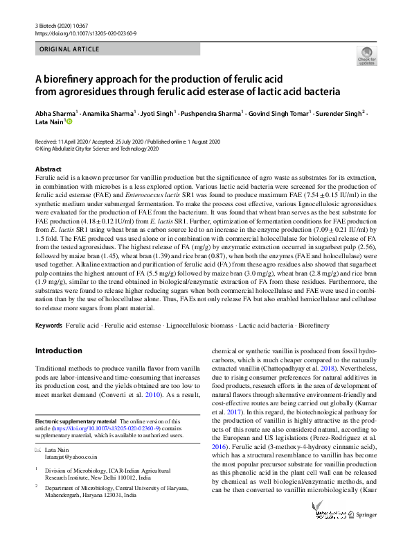 (PDF) A biorefinery approach for the production of ferulic acid from ...