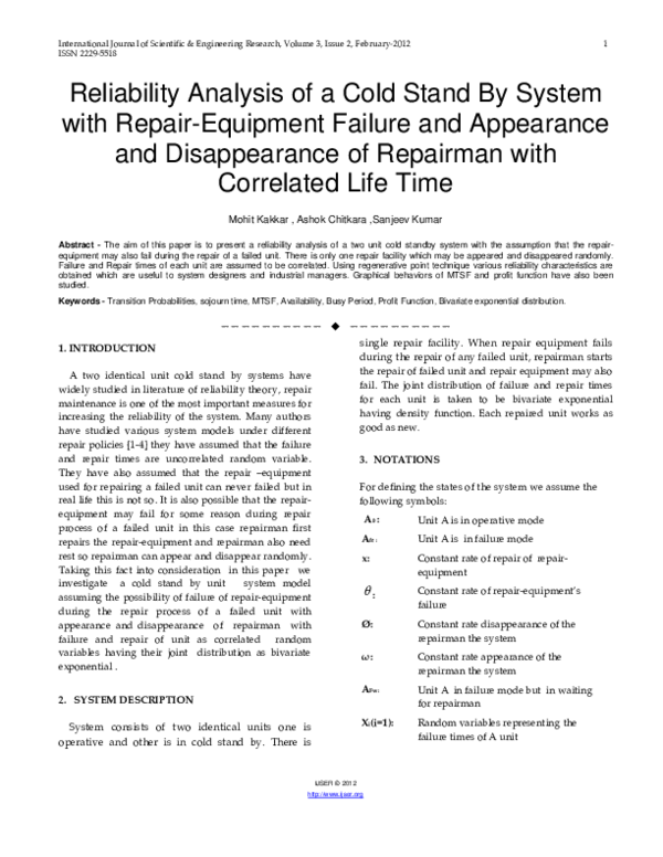 (PDF) Reliability Analysis of a Cold Stand By System with Repair ...