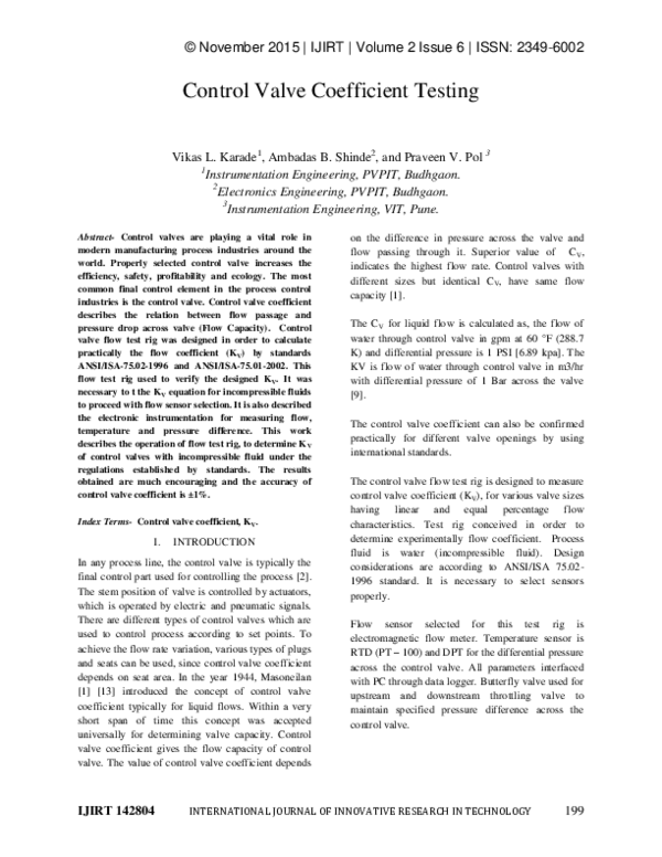 Pdf Control Valve Coefficient Testing