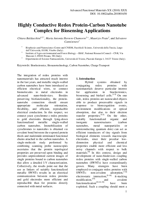 (PDF) Highly Conductive Redox Protein-Carbon Nanotube Complex for ...