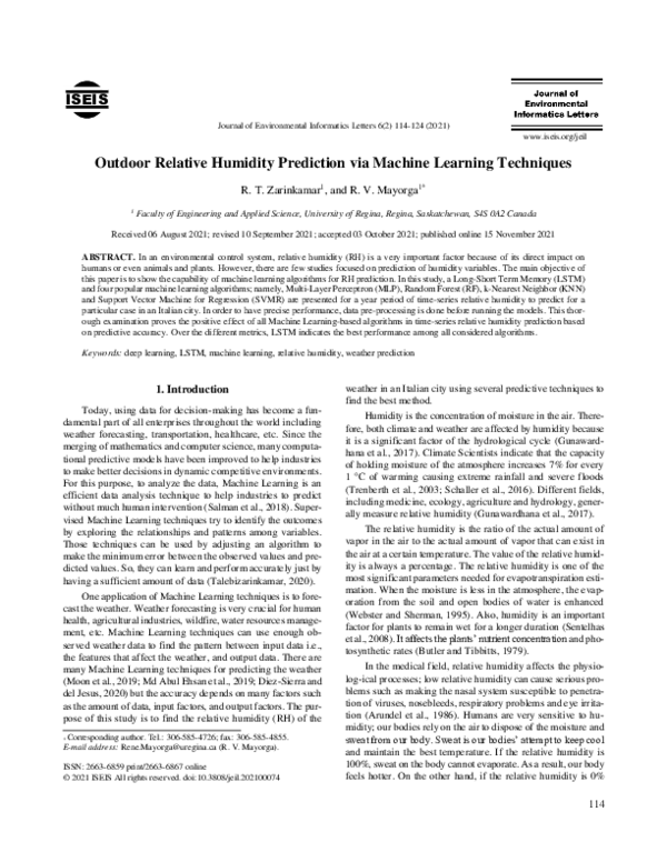 (PDF) Outdoor Relative Humidity Prediction via Machine Learning Techniques