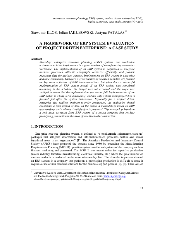 (PDF) A framework of ERP system evaluation of project driven enterprise: a case study | Julian ...