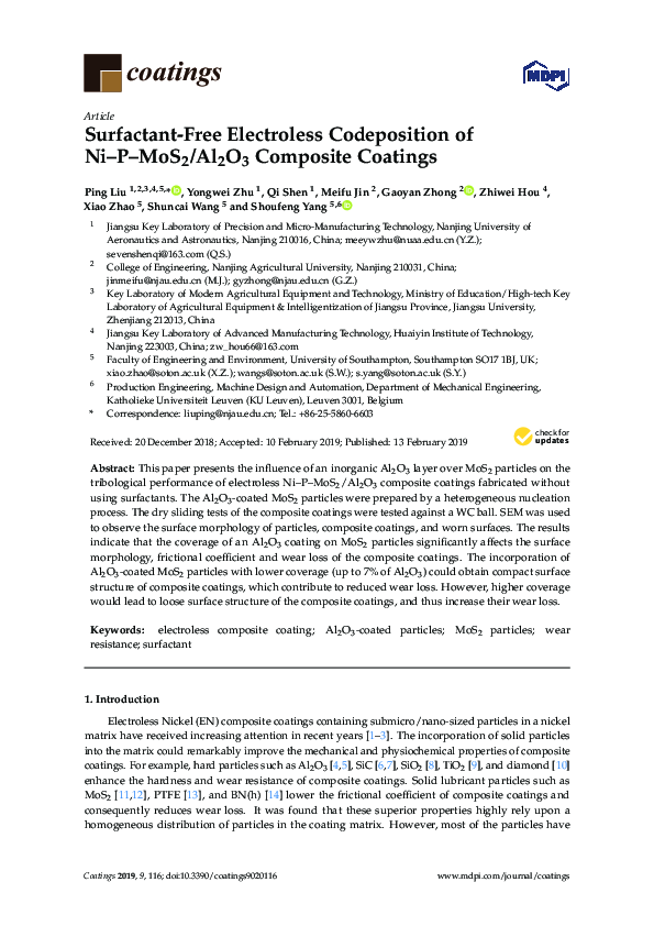 (PDF) Surfactant-Free Electroless Codeposition of Ni–P–MoS2/Al2O3 Composite Coatings