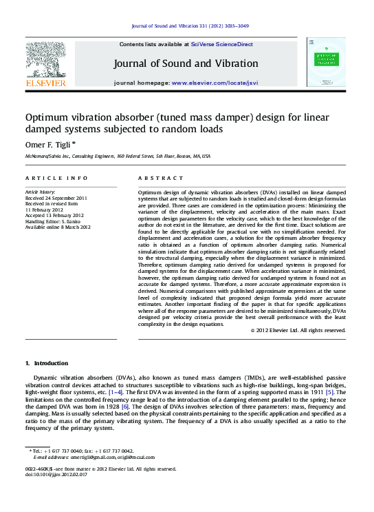 (PDF) Optimum vibration absorber (tuned mass damper) design for linear ...